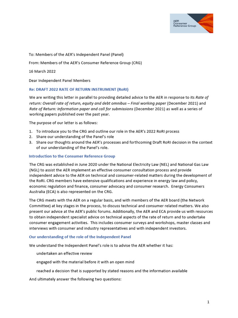 Letter From the Consumer Reference Group to the Independent Panel ...