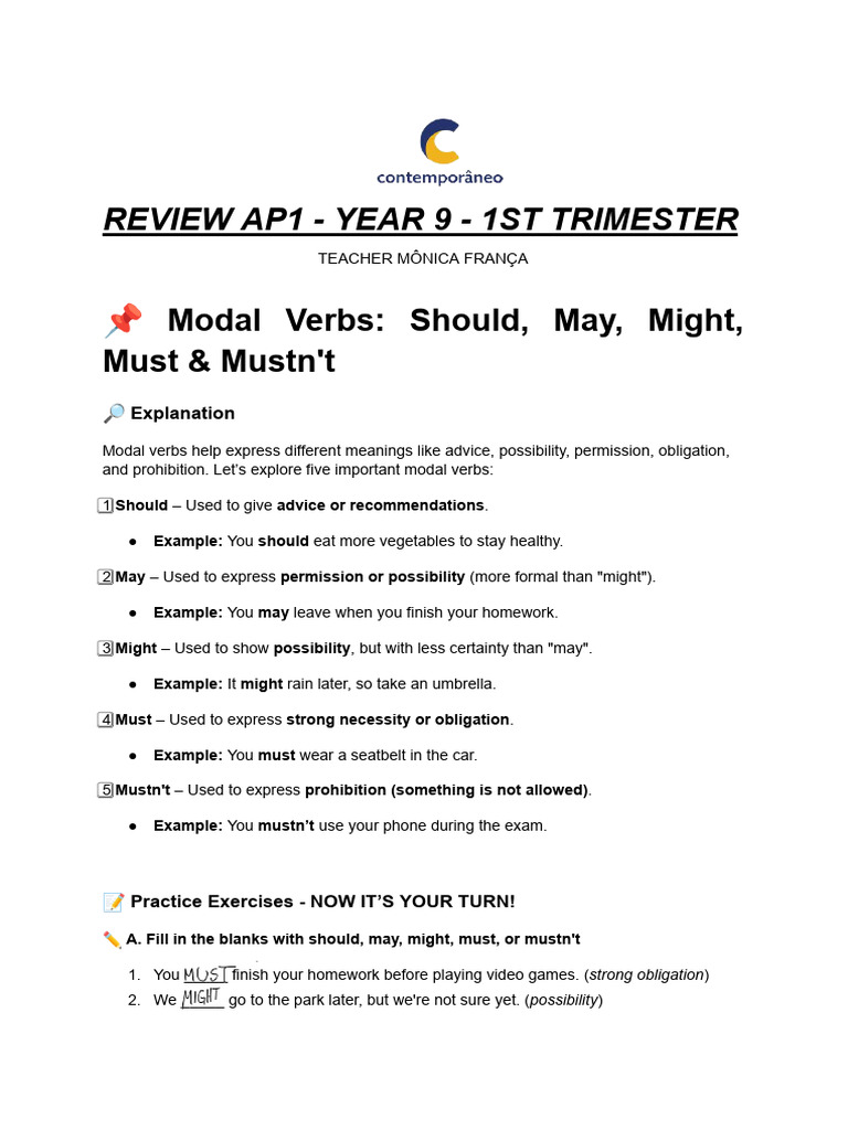 Modal Verbs + Because - Cause and Effect - Review Ap1 - Year 9 | PDF