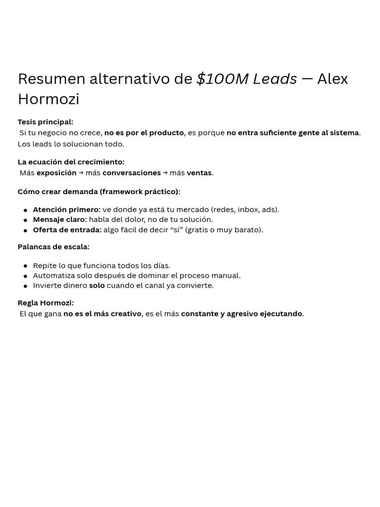 Resumen Alternativo de $100M Leads — Alex Hormozi | PDF