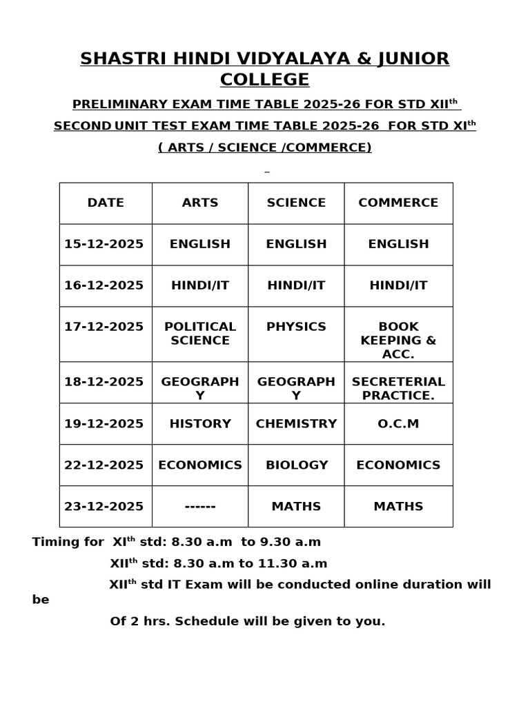 Second Unit Test Exam Time Table 2025-26 | PDF
