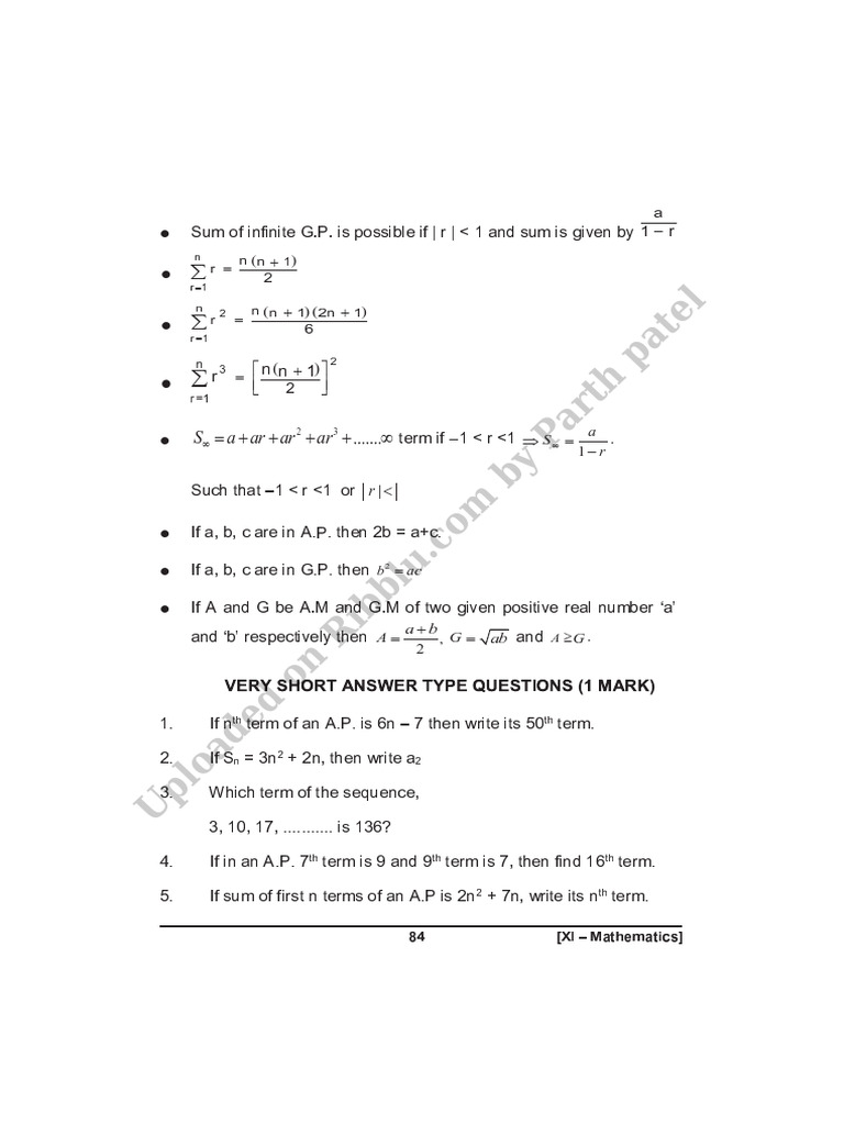 Sequence and Series Class 11 Maths Important Question Answers | PDF