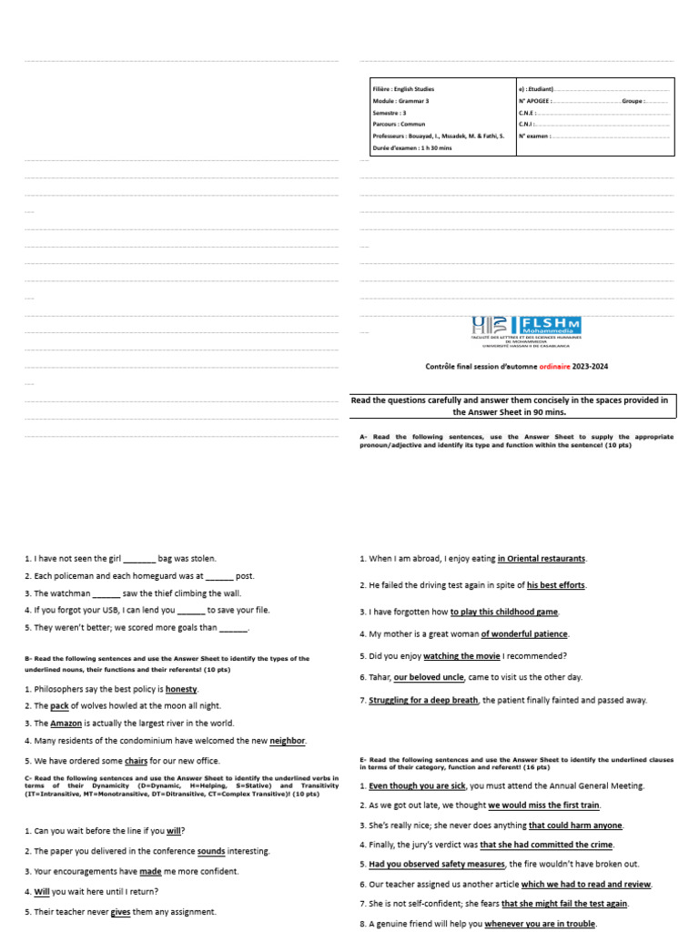 -Grammar 3 Final Exam Jan. -24.Docx-1 | PDF | Grammar | Syntax