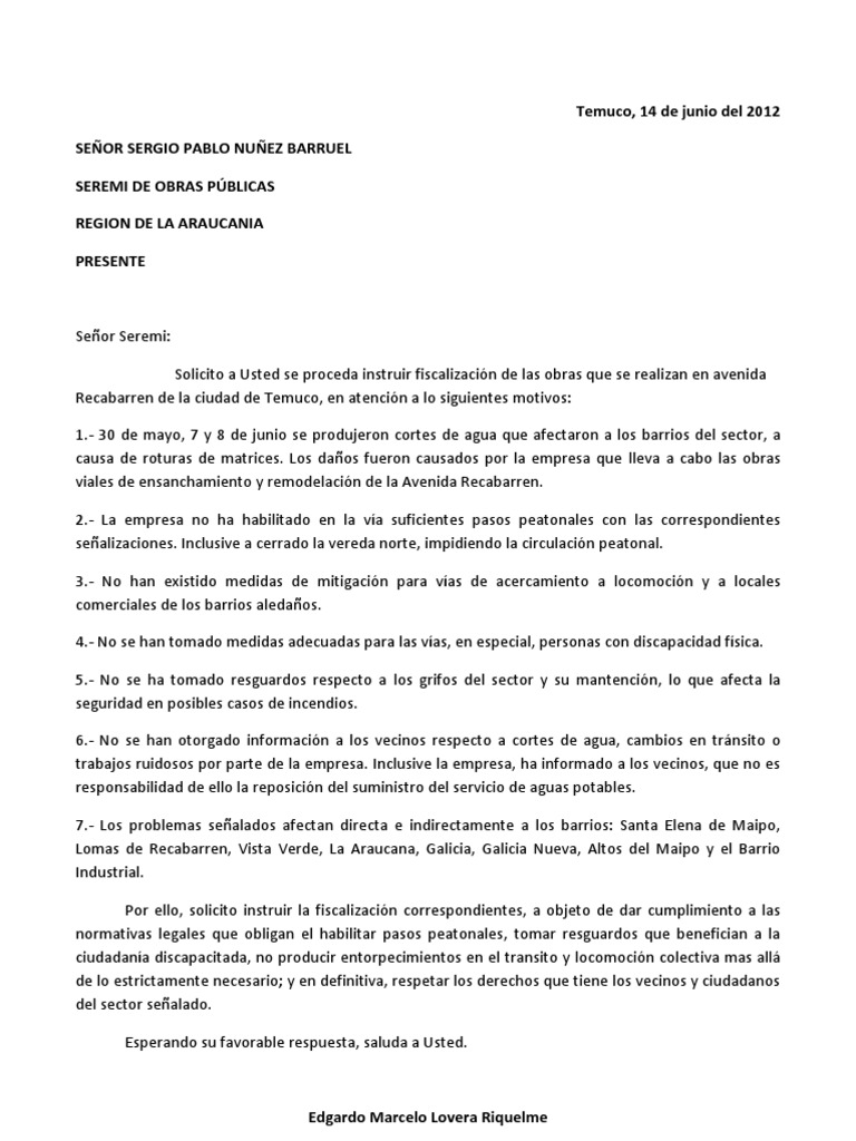 Carta Seremi MOP Carta Seremi MOP