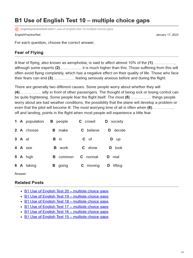 B1 English Test: Fear of Flying Gaps | PDF