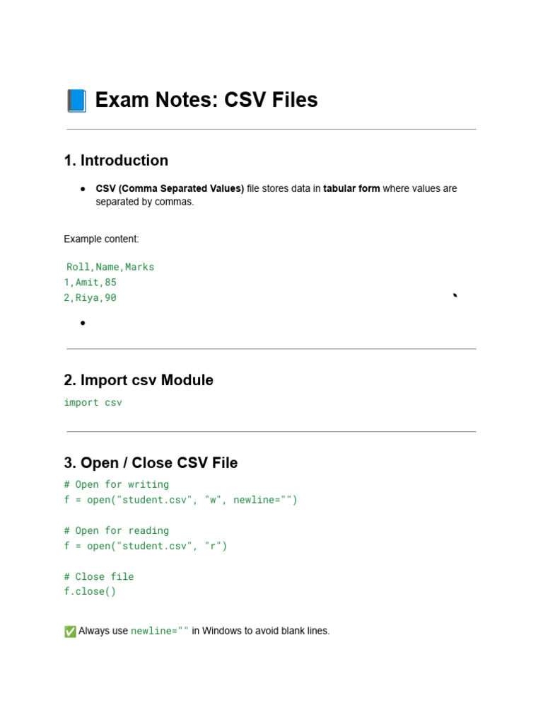 ? Exam Notes - CSV Files | PDF