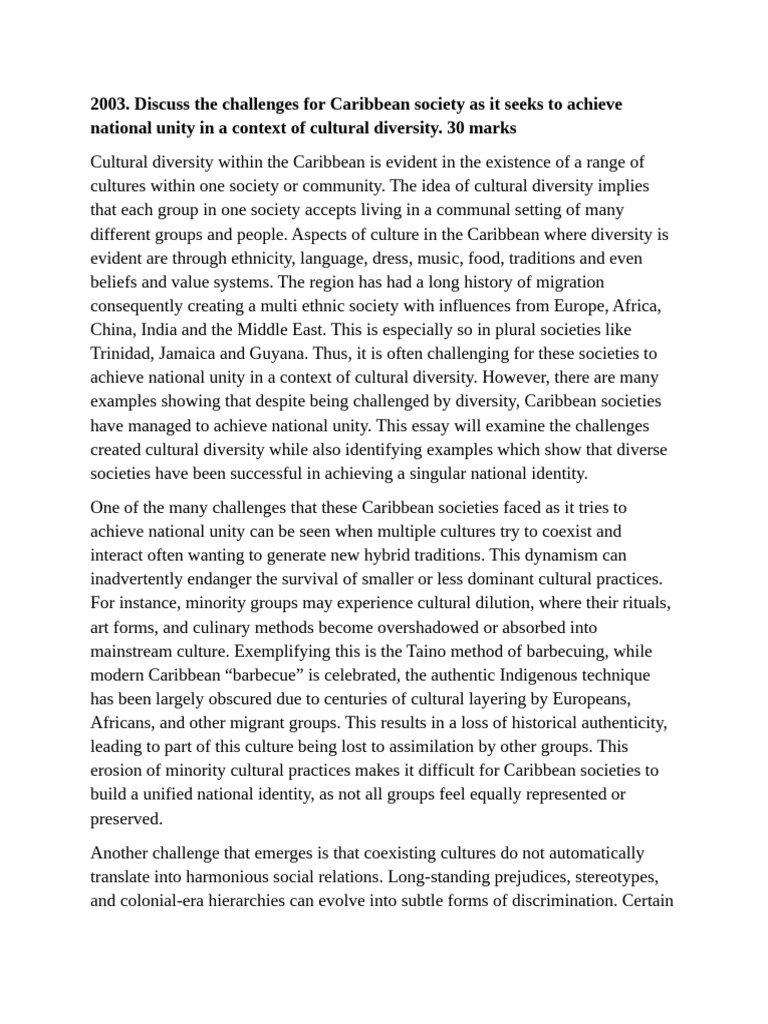 2003. Discuss the Challenges for Caribbean Society as It Seeks to ...