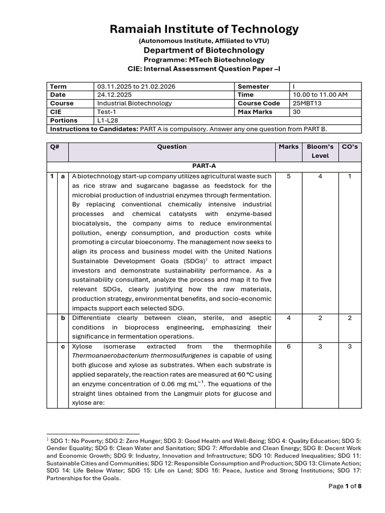 MTech Industrial Biotechnology Exam Paper | PDF | Metabolism | Enzyme
