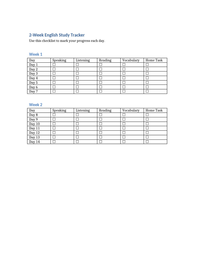 2-Week English Study Progress Tracker | PDF