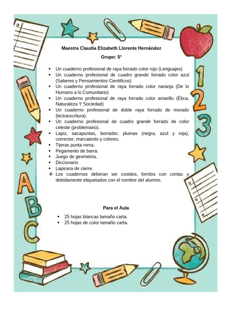 lista de utiles 5° | PDF