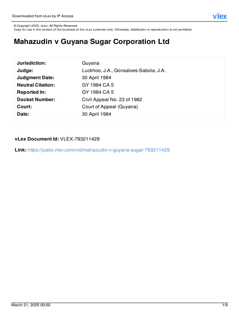 Mahazudin V Guyana Sugar Corporation LTD Guyana Case Law | PDF ...
