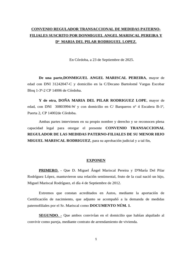 Convenio Regulador Transaccional Medidas Paternofiliales Miguel Angel ...