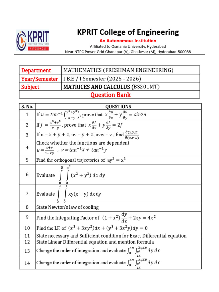 Mathematics Question Bank for Freshmen | PDF | Matrix (Mathematics ...