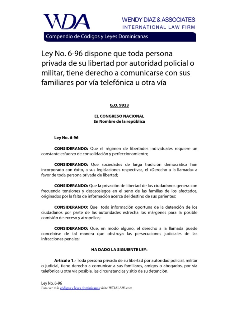 Ley 6 96 | PDF | República Dominicana | Detención (encarcelamiento)