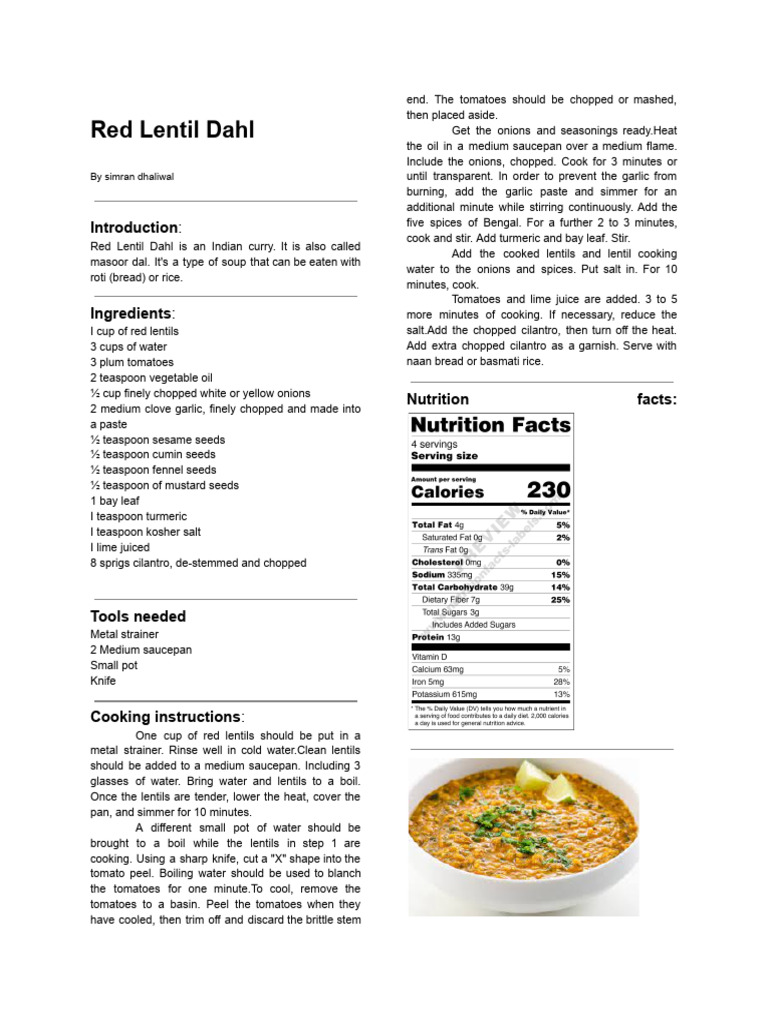 Red Lentil Dahl | PDF | Cuisine | Food And Drink