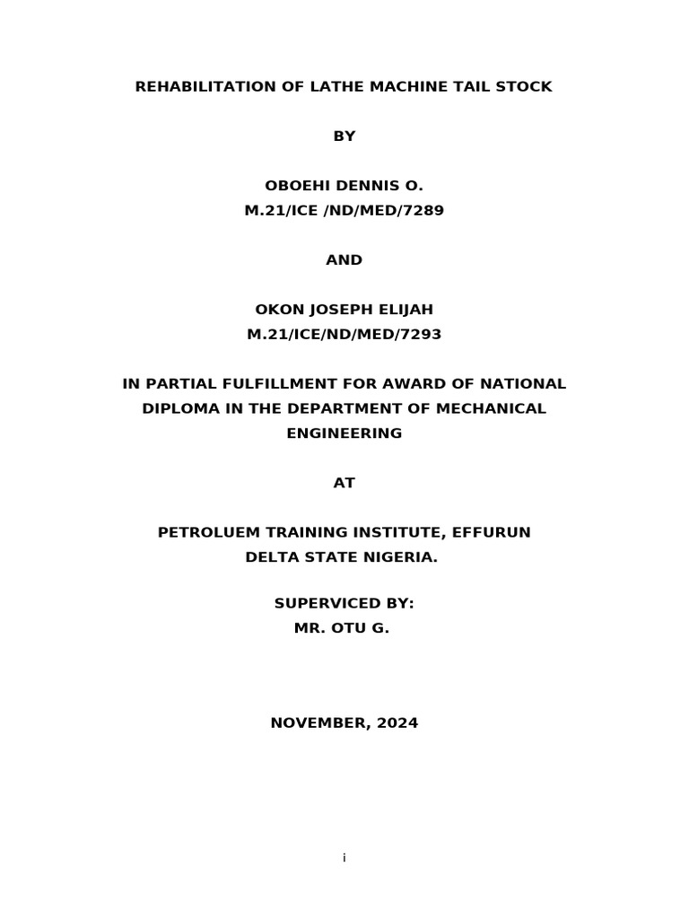 REHABILITATION OF LATHE MACHINE TAIL STOCK PROJECT WORK | PDF ...