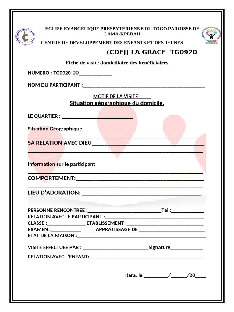 Fiche de Visite Domiciliaire CDEJ Togo | PDF