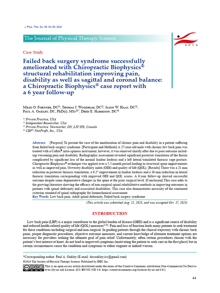 Failed back surgery syndrome successfully ameliorated with Chiropractic ...