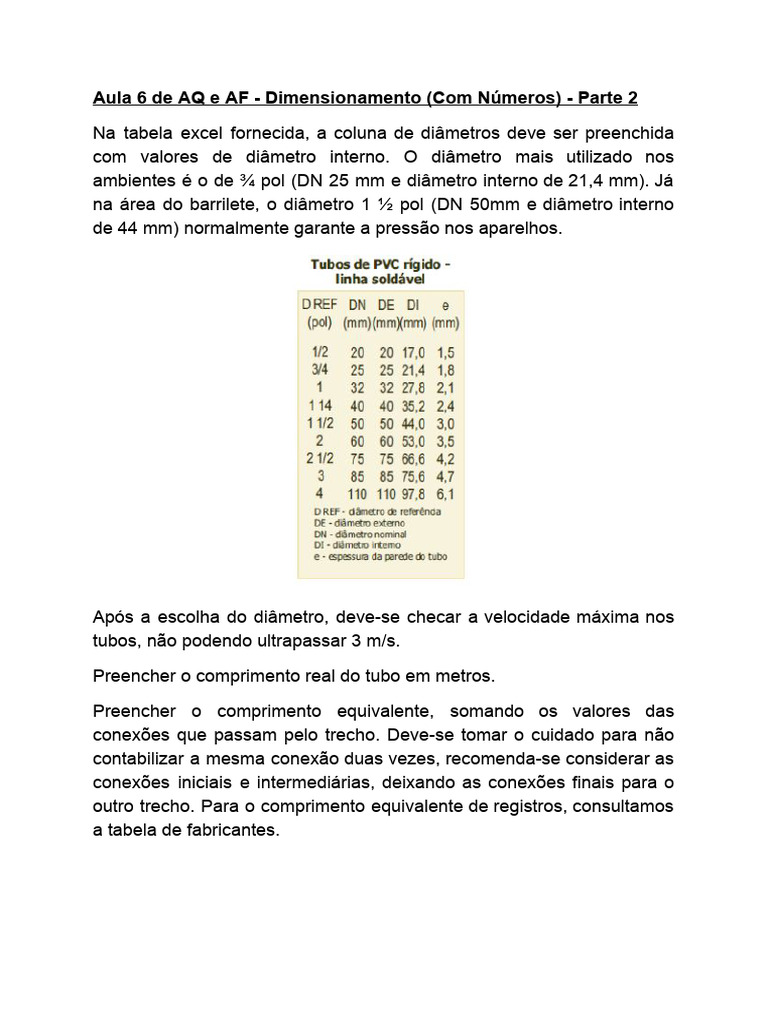 Dimensionamento de Tubulação: Aula 6 AQ e AF | PDF