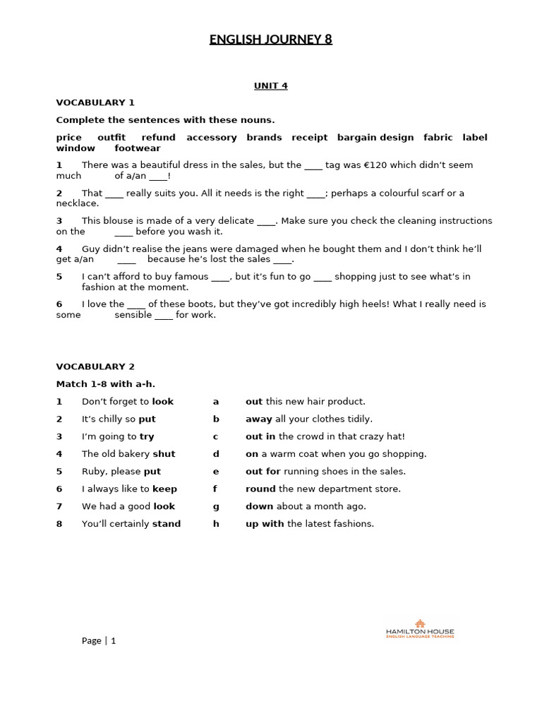 Vocabulary and Grammar Exercises for English Journey 8 | PDF | Clothing ...