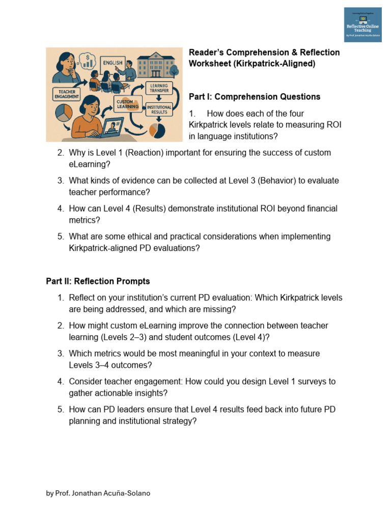 Reader's Comprehension & Reflection Worksheet (Kirkpatrick-Aligned) | PDF