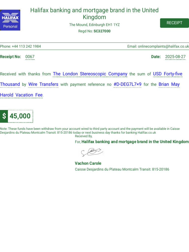 Halifax Wire Transfer Receipt - $45,000 | PDF