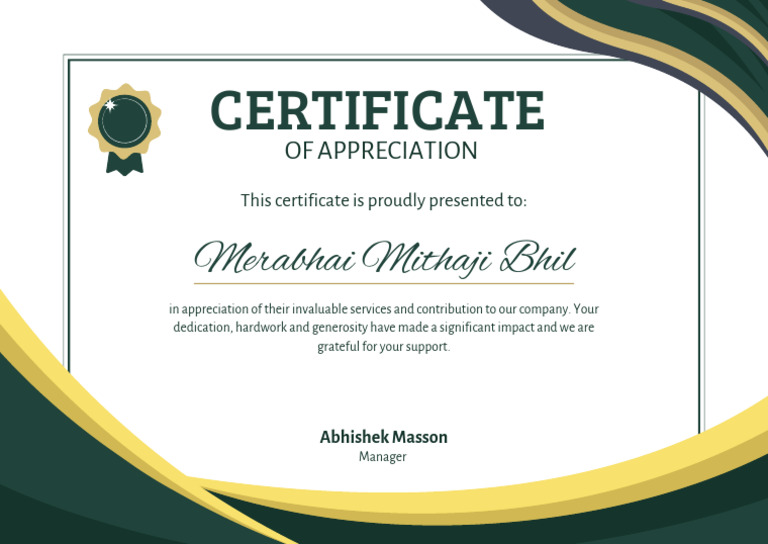 Green Gold Minimalist Elegant Certificate of Appreciation Certificate ...