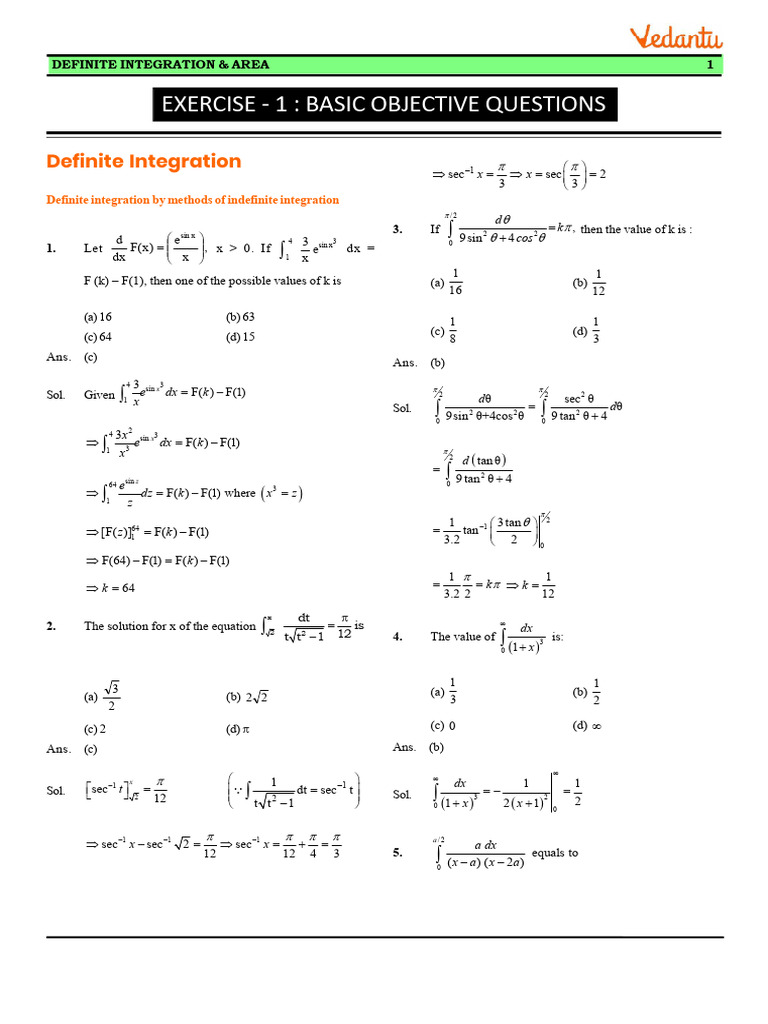 Definite Integration Exercises and Solutions | PDF | Trigonometric ...