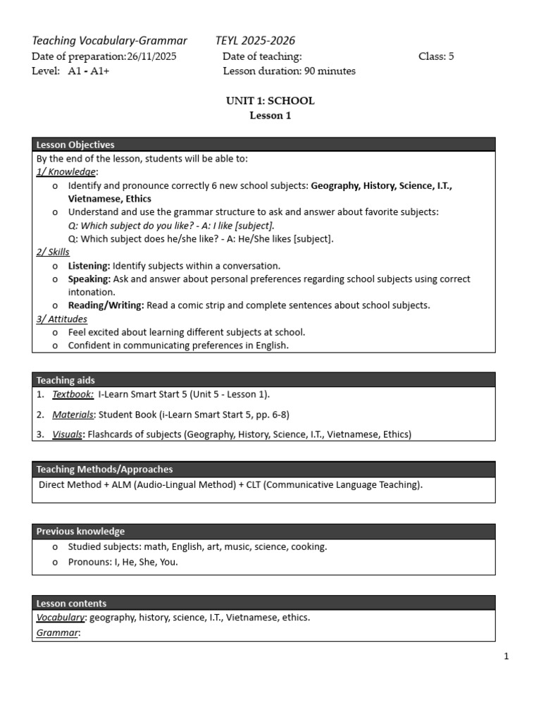 Vocabulary and Grammar for A1 Students | PDF | Learning | Human ...