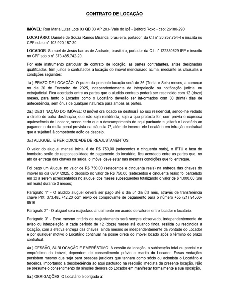 CONTRATO Danielle de Souza Ramos Miranda | PDF | Indenização | Aluguel