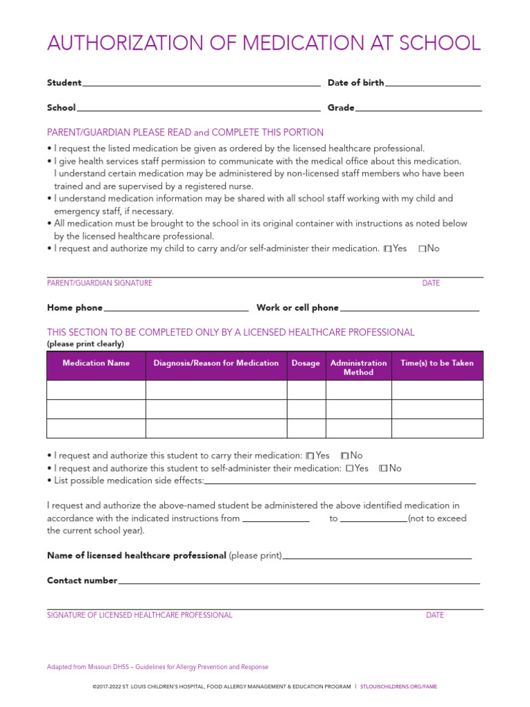 School Medication Authorization Form | PDF