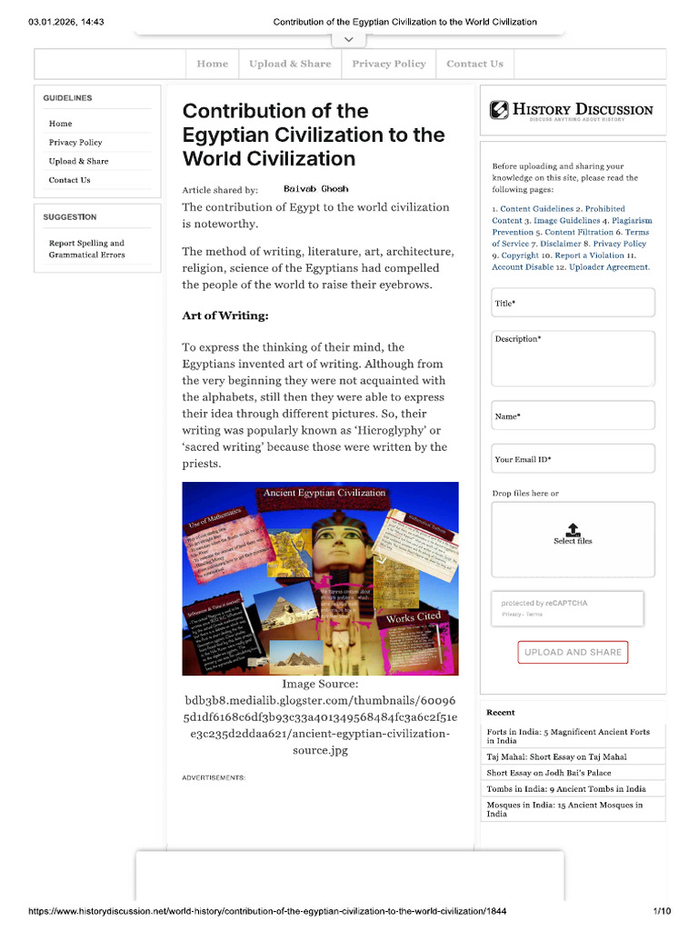 Contribution of The Egyptian Civilization To The World Civilization | PDF