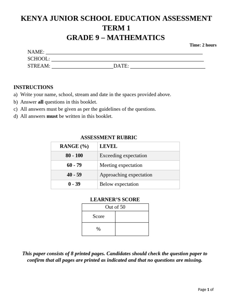 Grade 9 Mathematics Assessment Kenya | PDF | Length | Area