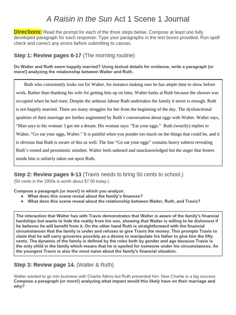 Copy of a Raisin in the Sun Act 1 Scene 1 Journal | PDF