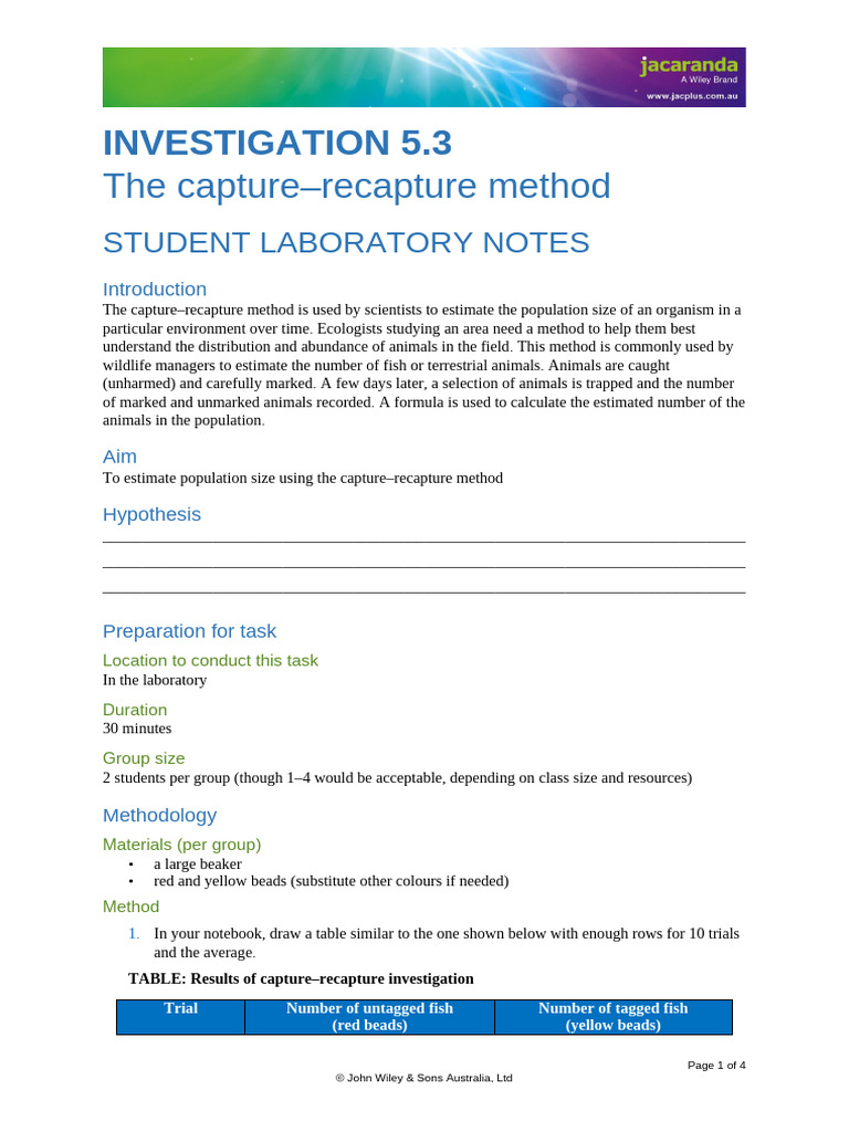 Capture-Recapture Method Lab Guide | PDF