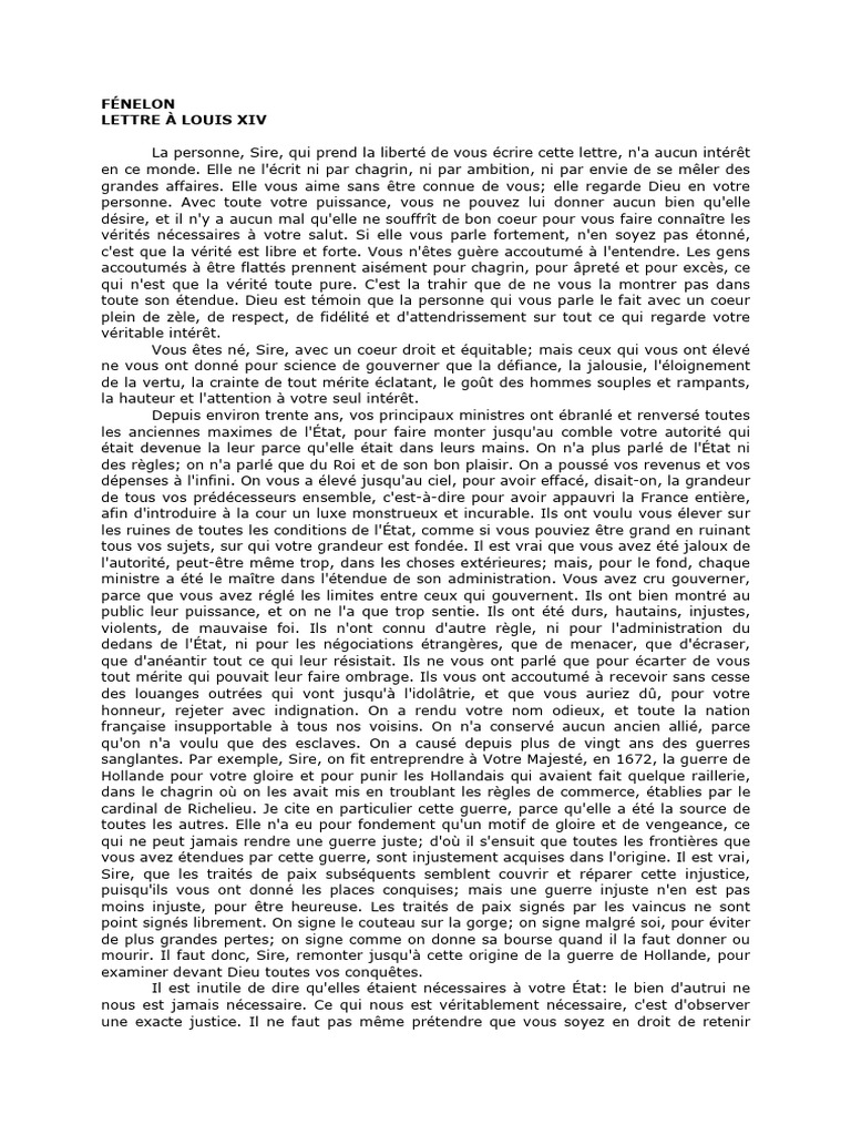 Fénelon : Lettre critique à Louis XIV | PDF