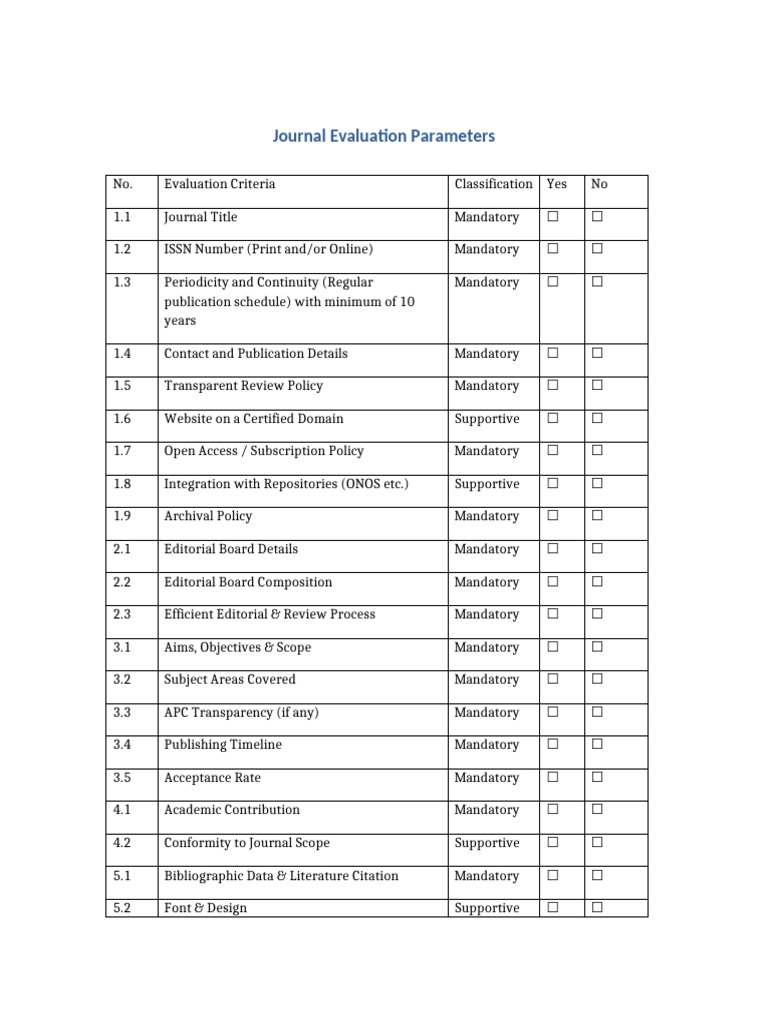 Journal Evaluation Criteria Checklist | PDF | Academic Journal | Open ...