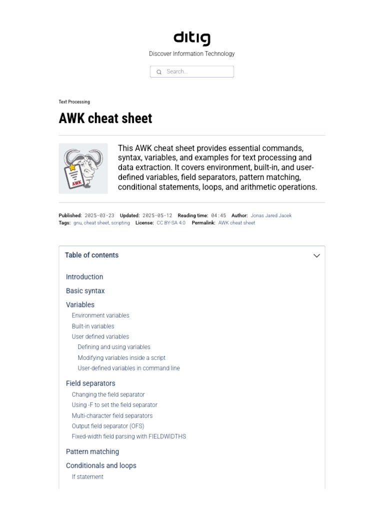 AWK Cheat Sheet | PDF | Software | Computer Programming