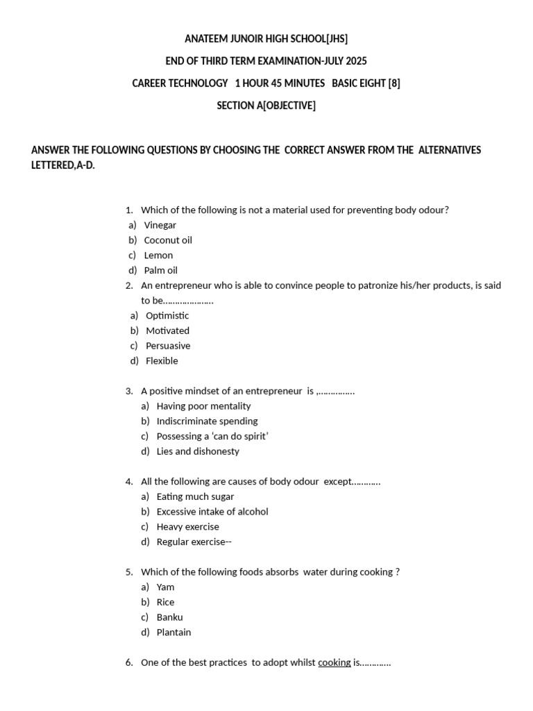 JHS Career Technology Exam Questions | PDF | Lunch | Meal
