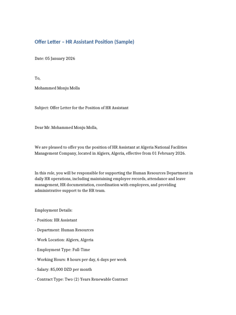 HR Assistant Offer Letter Algeria | PDF