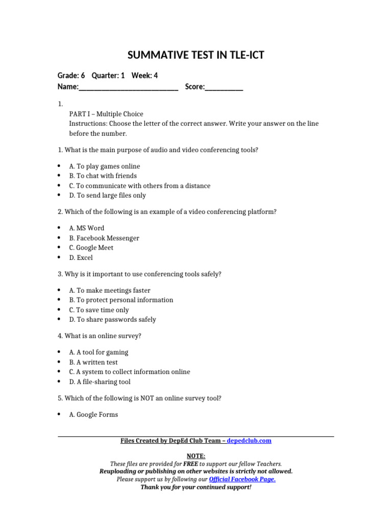 TLE-ICT Summative Test for Grade 6 | PDF | Facebook | Password