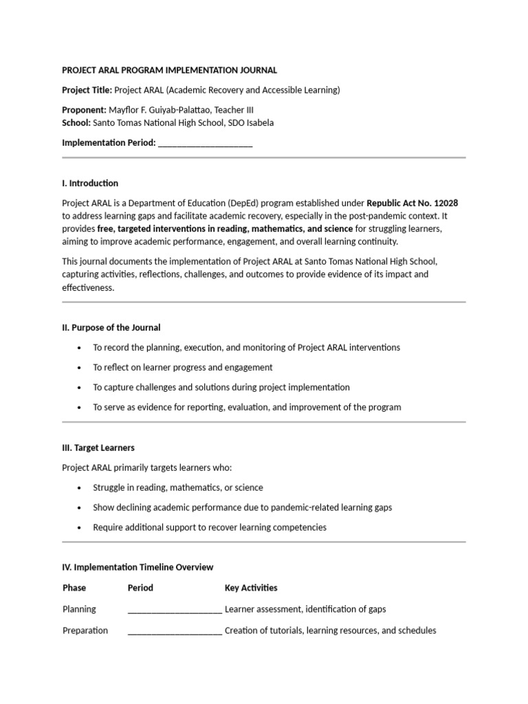 Project Aral Program Implementation Journal | PDF | Learning ...