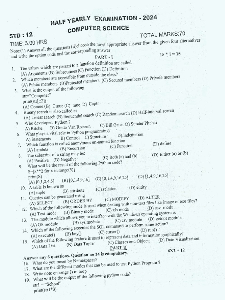 TN 12th Half Yearly Exam 2024 Computer Science Question Paper EM | PDF