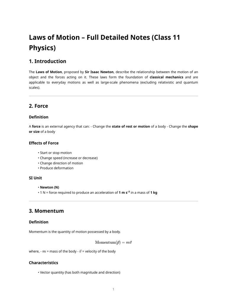 Laws of Motion Notes for Class 11 Physics | PDF | Force | Inertia