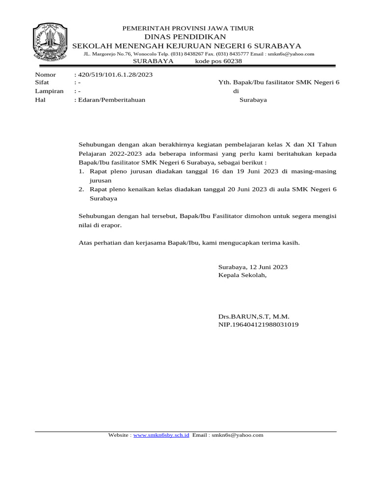 Edaran Kegiatan Pembelajaran SMK 6 Surabaya | PDF