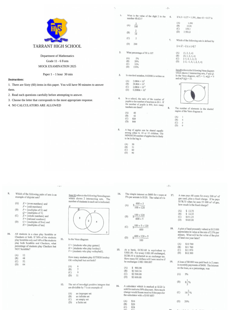 Tarrant High School Grade 11 Math Mock Exam | PDF