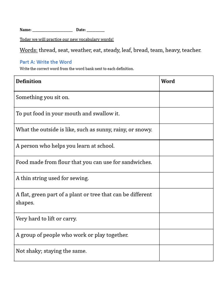 Vocab Worksheet_ Unpredictable Vowel Team (Ea).Docx | PDF
