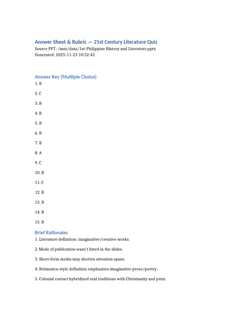 21C Lit AnswerSheet Rubric | PDF