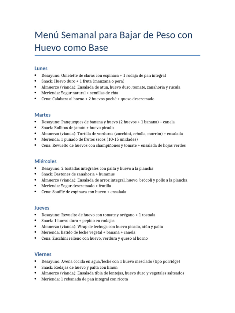 Menu Semanal Huevo Bajar Peso | PDF