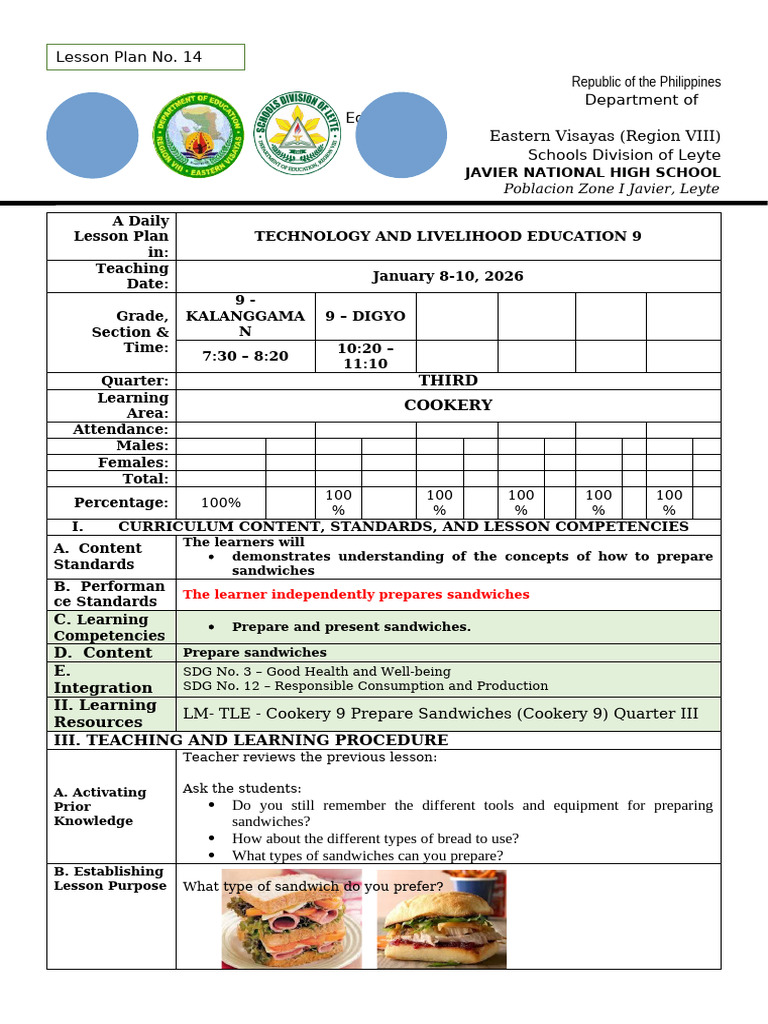 Lp #14 (Preparing Sandwich) | PDF | Lesson Plan | Teachers