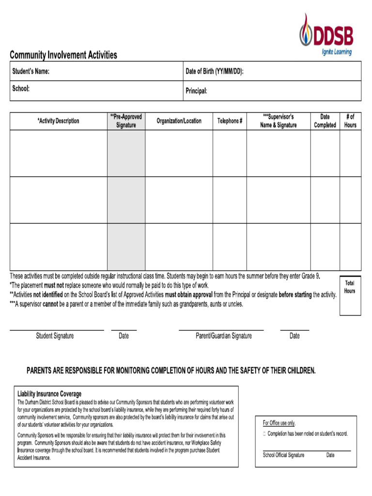 Community Involement Hours Form | PDF